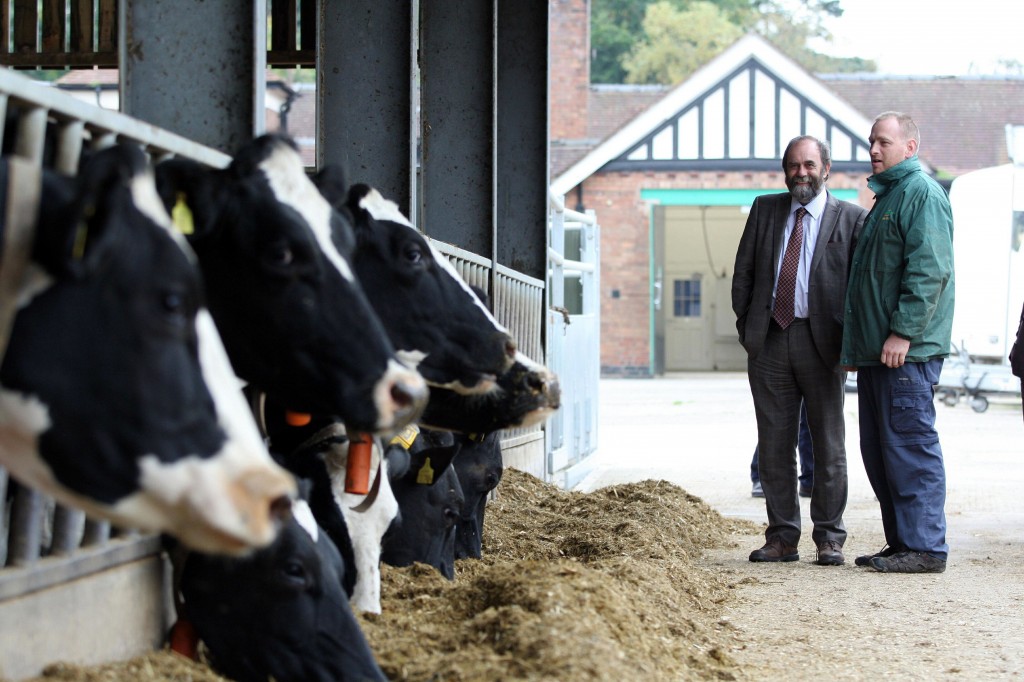 David Heath chats to Steve Small, manager of Reaseheath's dairy unit - Reaseheath College