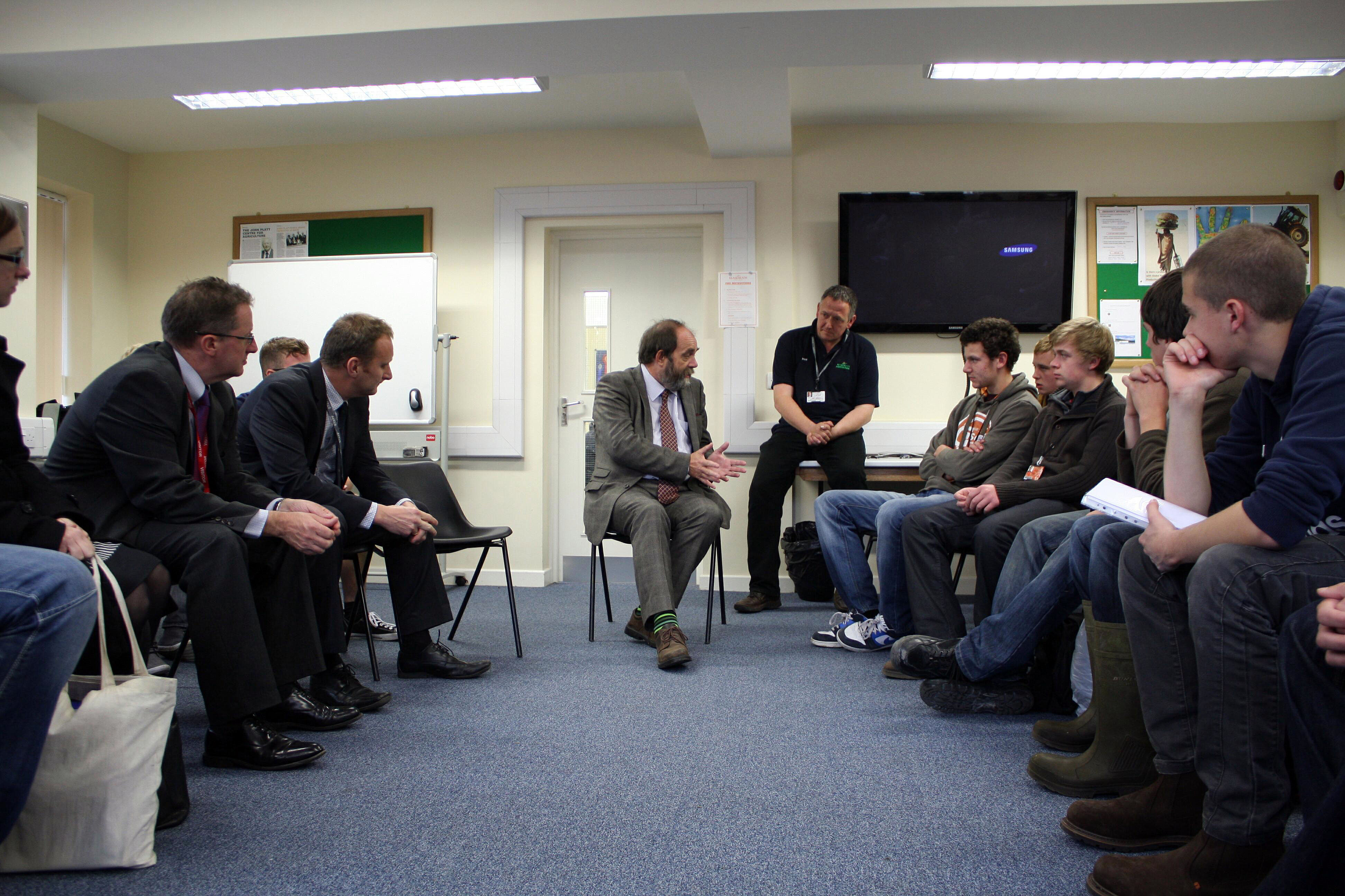 David Heath chats to agric students and staff - Reaseheath College