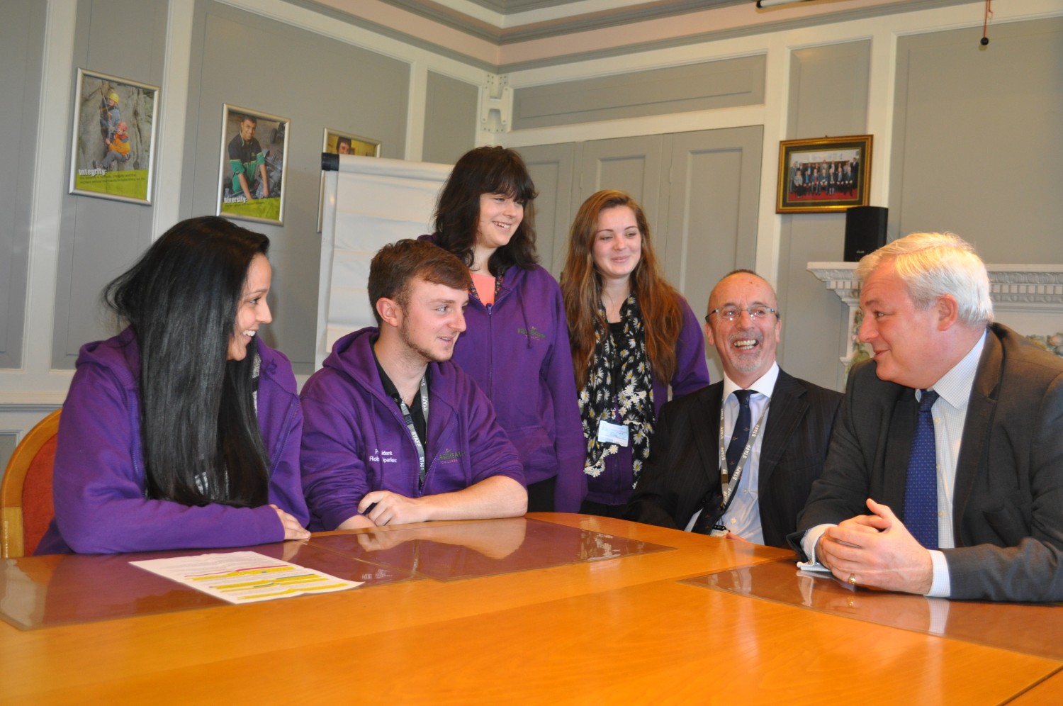 Katie Massey, Rob Sparkes, Rosie Swain and Nicole Duggan talk to Principal Meredydd David and MP ...