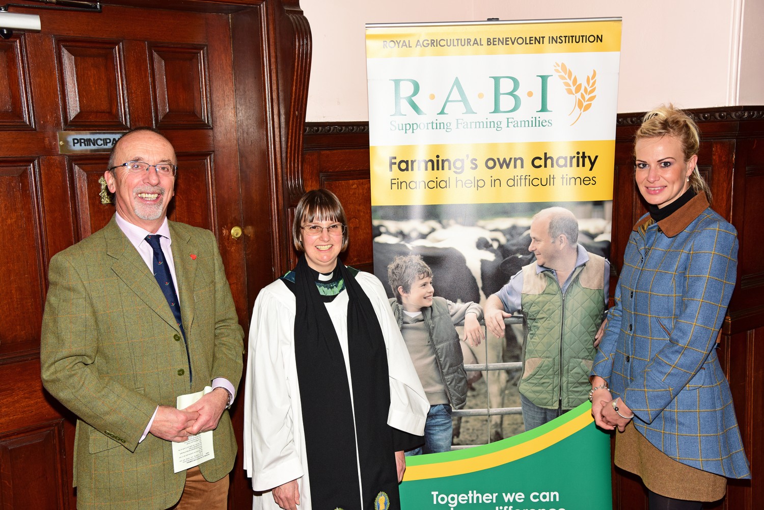 Meredydd David, Rev Anne Lawson and Georgina Lamb of RABI - Reaseheath College