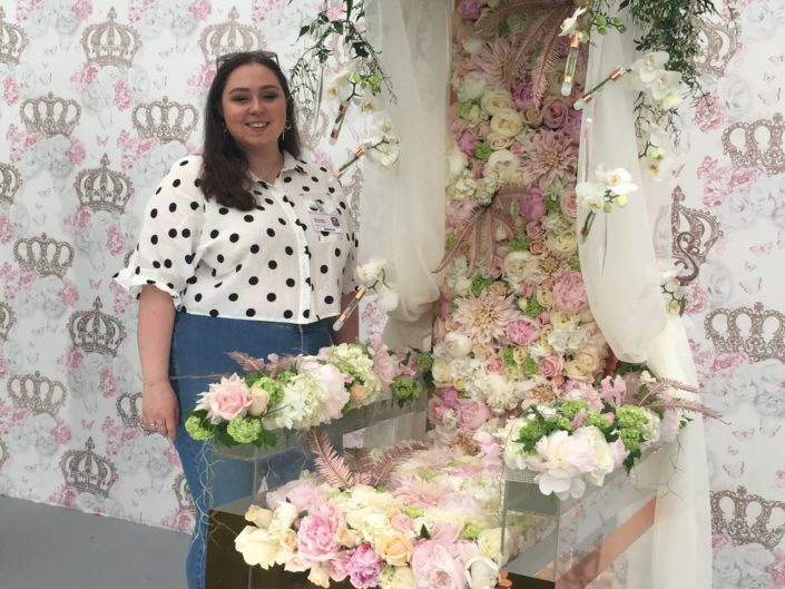 Robyn Longden with floral throne - Reaseheath College