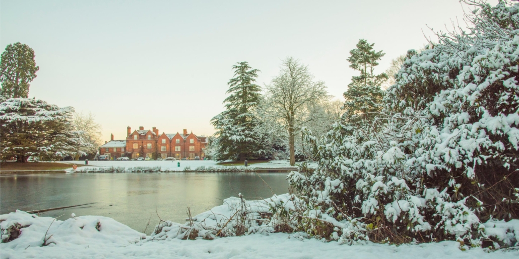 Reaseheath Hall and lake in the snow - Reaseheath College
