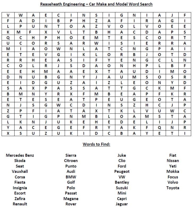 Reaseheath Engineering - Car Make and Model Word Search - Reaseheath College