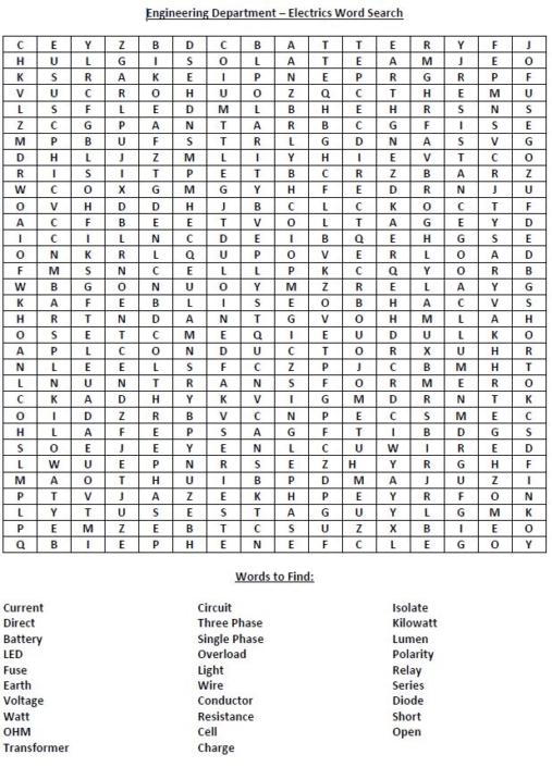 Reaseheath Engineering - Electrics Word Search - Reaseheath College