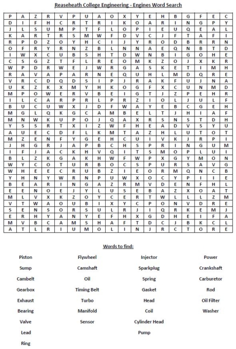 Reaseheath Engineering - Engines Word Search - Reaseheath College