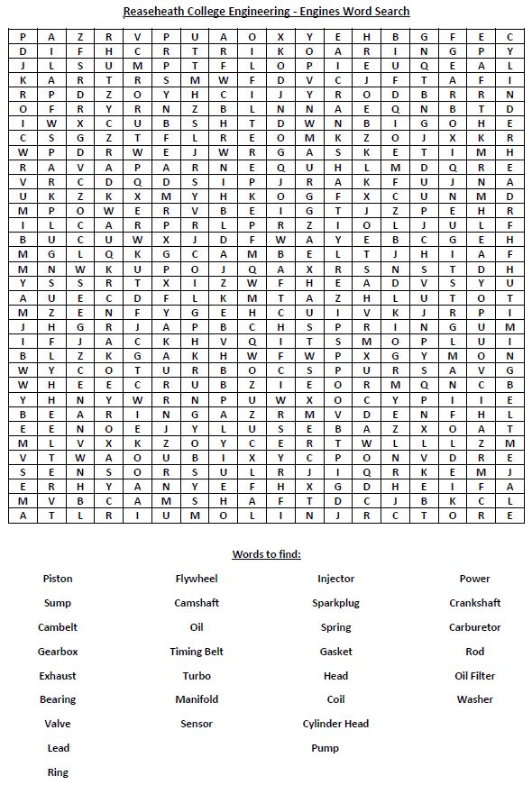 Reaseheath Engineering - Engines Word Search - Reaseheath College