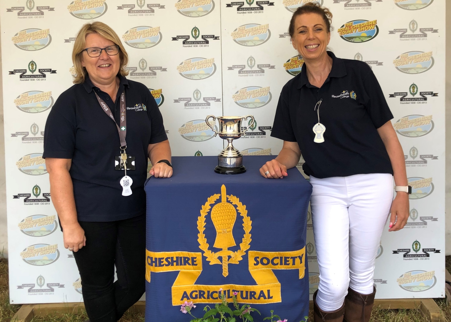 Angela Boon and Stephanie Owen with trophy at Cheshire Show 2023 landscape - Reaseheath College